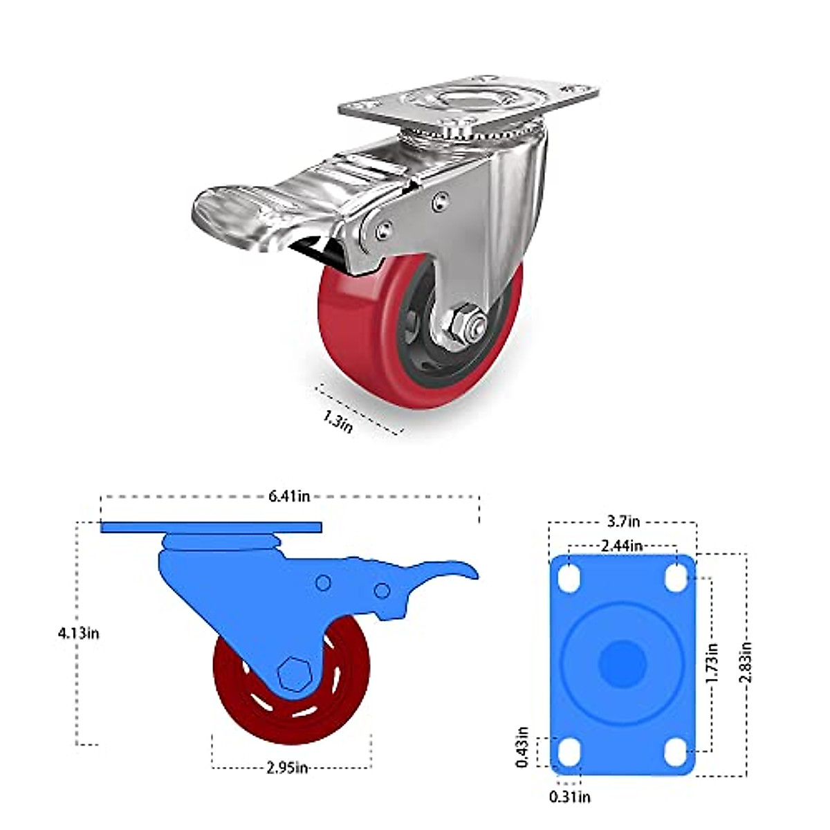 Caster Wheels 3 inch Set of 4, with Safety Dual Locking Bearing Casters, and Polyurethane Foam No Noise Wheels, Heavy Duty - 250 Lbs Per Casters(Bonus of 2 Hardware Kits)