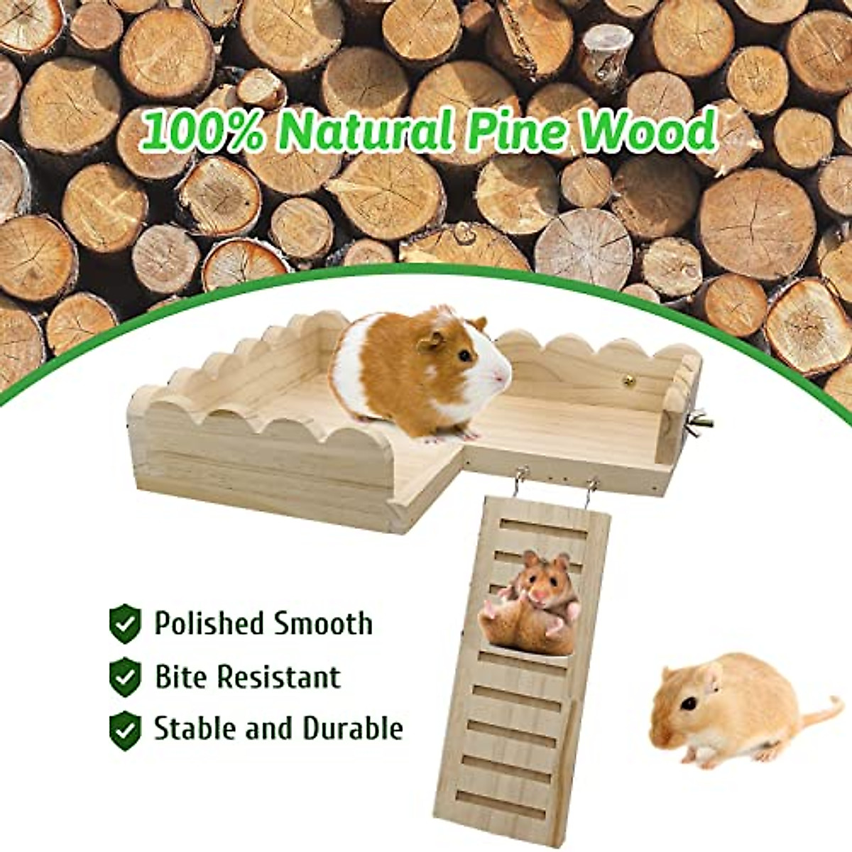 BNOSDM Wooden Hamster Platform for Cage with Ladder Dwarf Hamster Standing Platform Wood Rat Cage Accessories Exercise Toy for Mouse Guinea Pig Chinchilla Gerbil Squirrel (S)