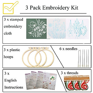 Nuberlic 3 Pack Embroidery Kits for Beginners Starters Cross Stitch Kits with Pattern for Adults Kids Craft Stamped Embroidery Cloth 3 Hoops Threads Needles