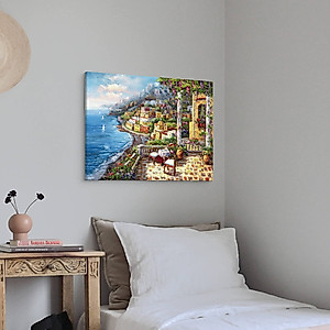 Italy Painting Oil Canvas Wall Art： Mediterranean Cityscape Artwork Italian Sea Picture Modern City Street Decoration Landscape Prints for Paris Cafe Room Decor