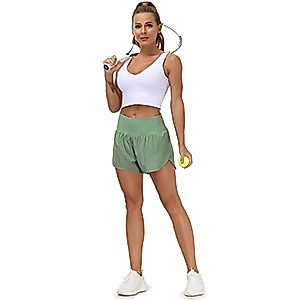 THE GYM PEOPLE Womens High Waisted Running Shorts Quick Dry Athletic Workout Shorts with Mesh Liner Zipper Pockets (Jasmine Green, Small)