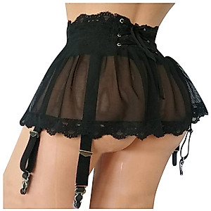 Sexy Sheer Clear Lace Skirts for Women Naughty Slutty See Through Mini Skirt Panties with Garter Bandage Stocking Belt Comfy Soft Briefs High Waist Cheeky Lingerie Hipsters Black