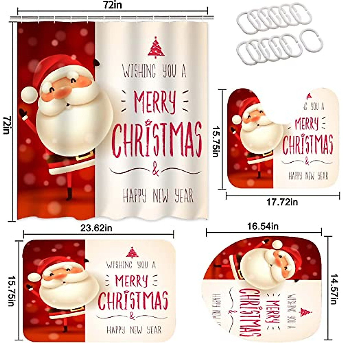 Christmas Shower Curtain Set 4PC with Christmas Shower Curtain with Toilet Lid Cover and Bath Mat, Santa Claus with Big Signboard Christmas Bathroom Set Winter Holiday Home Decor