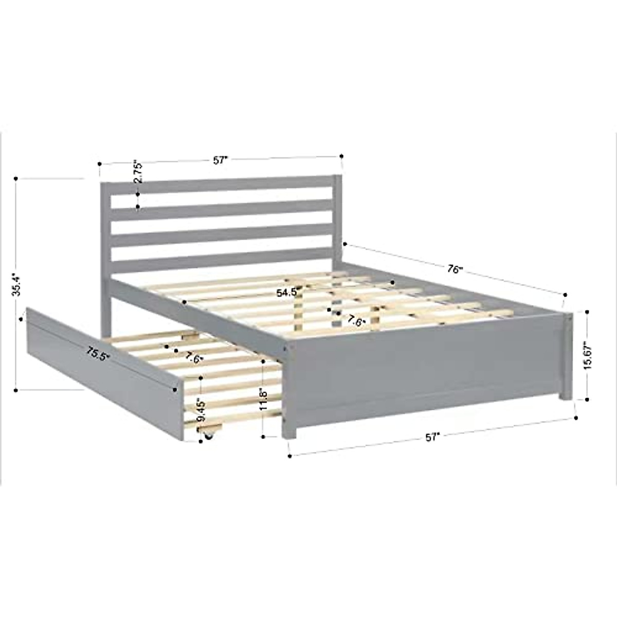 Full Size Bed with Trundle , Solid Wood Full Platform Bed with Pull Out Trundle Bed for Kids Girls Boys ,No Box Spring Needed