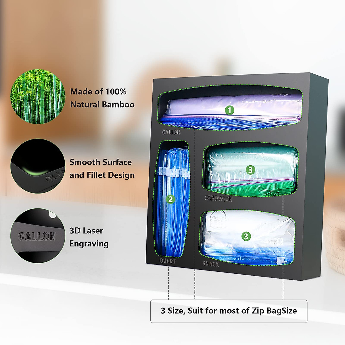 Ziplock Bag Storage Organizer - Bamboo Baggie Organizer for Kitchen Drawer - Black Kitchen Drawer Organizer - Compatible with Gallon, Quart Slider, Sandwich & Snack Variety Size Bags