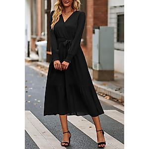 PRETTYGARDEN Women's Floral Print Boho Dress Long Sleeve Wrap V Neck Ruffle Belted A-Line Flowy Maxi Dresses (Solid Black,Large)