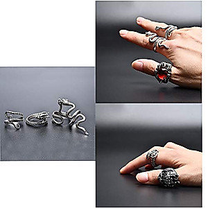 BUUFAN 12PCS Vintage Adjustable Punk Rings Set Silver Black Dragon Snake Claw Alloy Gothic Stackable Open Rings for Women Men