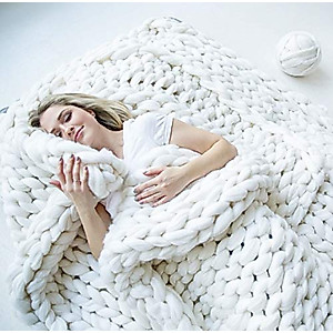 EASTSURE Chunky Knit Blanket Bulky Throw Merino Wool Hand Made Bed Sofa Throw Pet Bed Chair Mat Rug,White,32"x32"