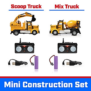 Force1 Mini Construction RC Trucks for Kids - 2 Pack Remote Control Toy Trucks Set with Mini Scoop RC Truck, Mini Cement Mixer Toy Truck 2.4GHz Remote Controls Bright LEDs and RC Toy Batteries Yellow
