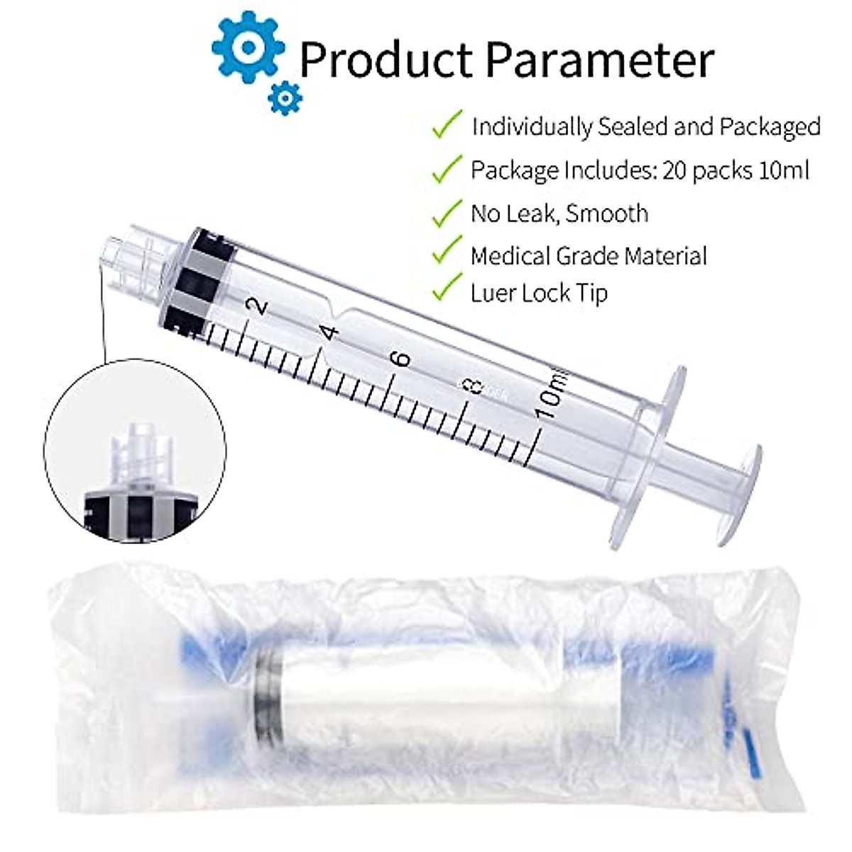 10 Pack 10ml/cc Plastic Luer Lock Syringe Large Syringes without Needle, Individually Wrapped, Tip Cap, for Scientific Labs, Measuring Liquid, Dispensing, Oil or Glue Applicator (10ML, LUER LOCK TIP)