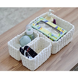 Set of 3 White Woven Baskets - Table Organizer, Natural and Eco-Friendly Storage Solution, Storage Baskets for Shelves, Toy Storage, Sustanabile Paper Rope Material