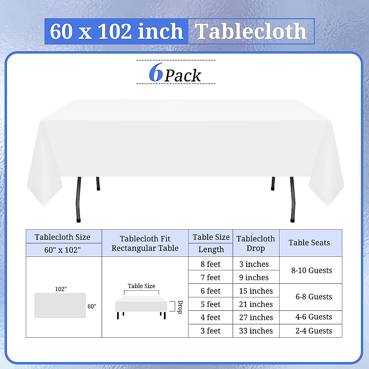 REWOMC 6 Pack Polyester Tablecloth 60 x 102 Inch White Polyester Table Cloth for 6 Foot Rectangle Tables, Stain and Wrinkle Resistant Washable Table Cover for Kitchen Wedding Banquet Restaurant Party