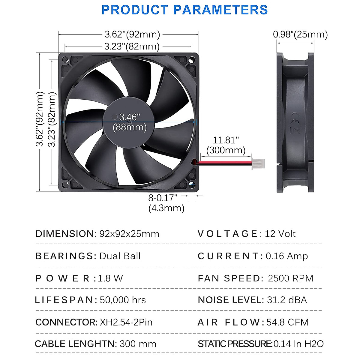 GDSTIME 92mm x 92mm x 25mm 12V Dual Ball Bearings Brushless Cooling Fan
