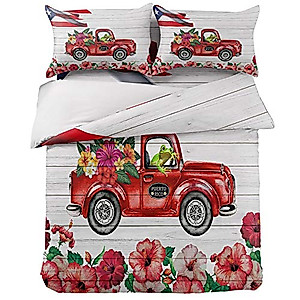 Puerto Rico Red Truck Duvet Cover Set Cali King,4 Pieces Funny Frog Hibiscus Flowers Bed Sheet Sets Soft Comforter Cover with Flat Sheet 2 Pillow Shams for Teen/Man/Woman/Toddler Flag Wood Grain