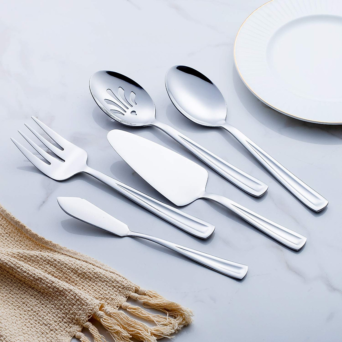 Hostess Serving Utensil Set, GoGeiLi 5-Piece Stainless Steel Flatware Silverware Serving Set, Include Pie Server, Serving Spoon, Slotted Serving Spoon, Serving Fork and Spreader Knife