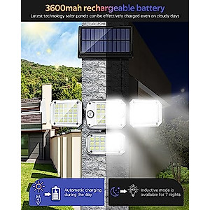 UTEBIT Solar Motion Sensor Flood Light, 4 Heads LED Security Lights, IP65 Waterproof Outdoor Wall Light, 3000LM Snowflake Lights, USB Chargeable 3 Modes Garden Yard Solar Lights for Outside