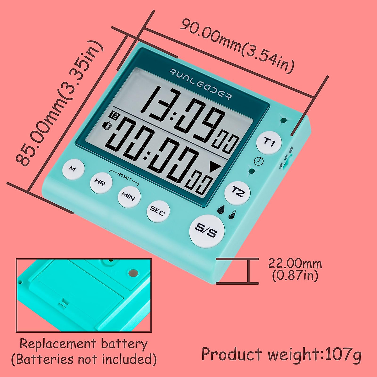 Jayron KT002A 2-Channel Kitchen Timer Magnetic Countdown Timer Clock Temperature and Humidity Meter Digital Minute/Second Timer Desk Clock for Elderly Kids（Blue）