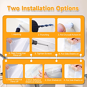 GTJ Acrylic Shelves, 4-Pack Spice Rack Wall Mount, Clear Book Shelves for Wall, Spice Organization, Vinyl Wall Mount, Cabinet, Pantry Door, Kitchen, Bedroom, Self-Adhesive and Drilling