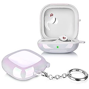 Beats Fit Pro Case Cover, Filoto Laser PC Beats Fit Pro Case for Women Girls, Cute Protective Apple Beats Fit Pro Earbuds Case Cover with Keychain Accessories,White