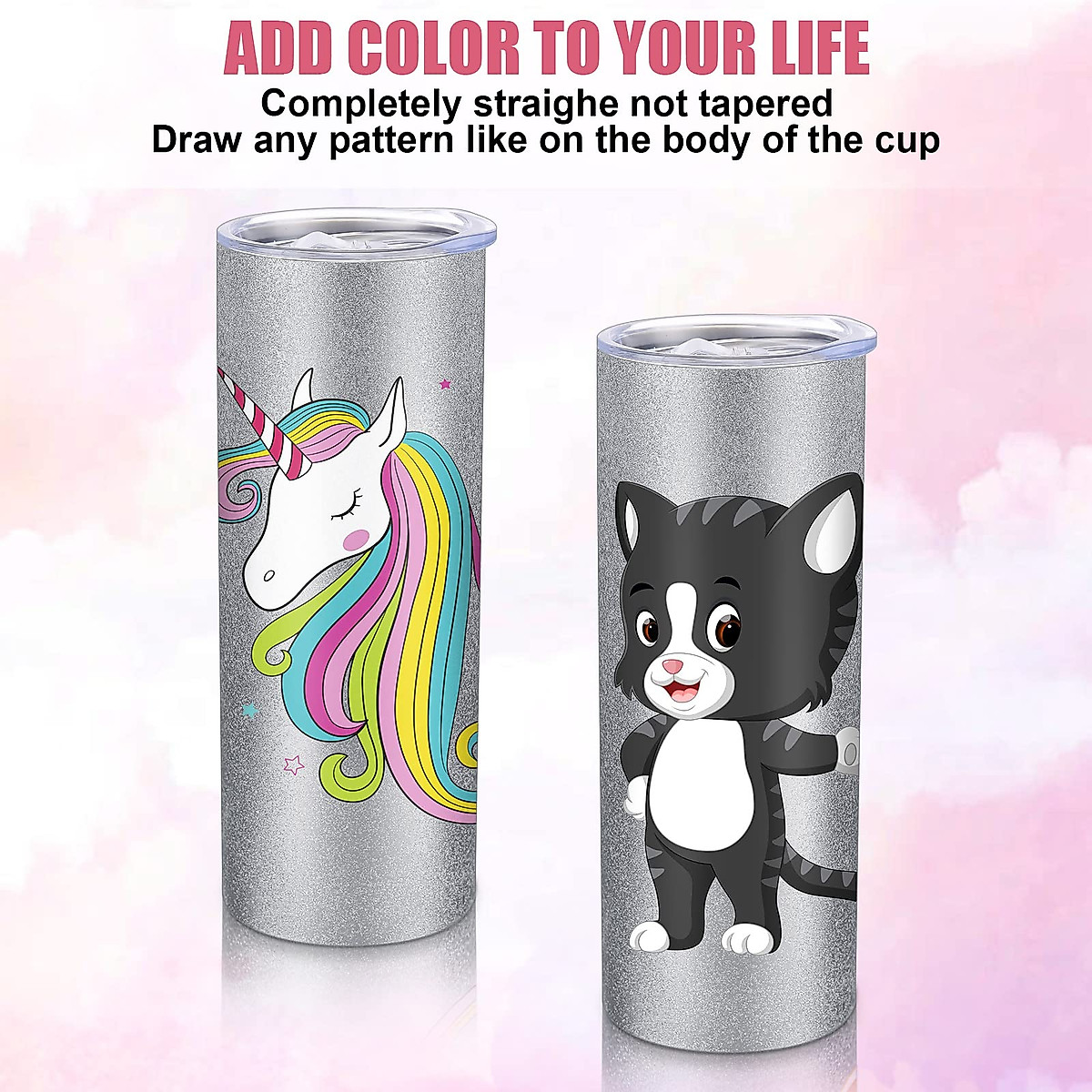 Zopeal 10 Pack Silver Sublimation Tumblers 20 oz Blank Skinny Tumbler Bulk Glitter Straight Double Wall Stainless Steel Insulated Tumblers with Lid and Straw for Heat Transfer Water Bottle Gift