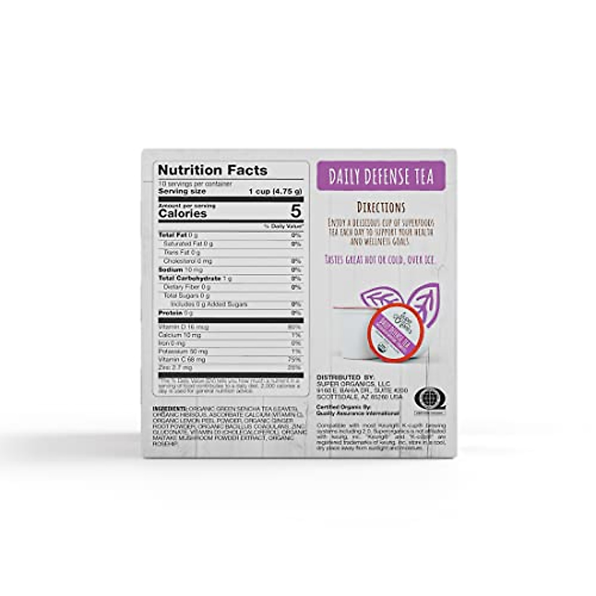 Super Organics Daily Defense Tea (Organic) with Superfoods and Probiotics (Keurig K-Cup Compatible) 10ct Single Serve Cups