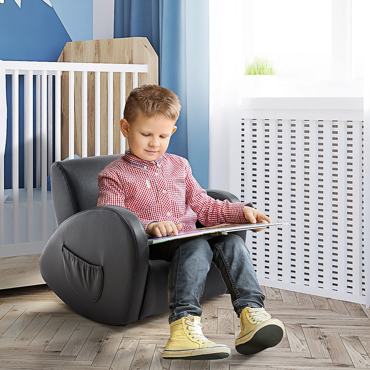 Qaba Kids Sofa Rocking Chair with Side Pocket, PU Leather Toddler Armchair for Children Grey