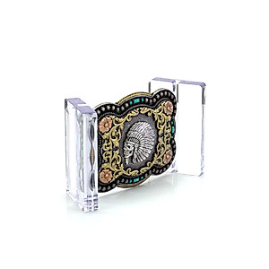 Nocona Boots Men's Standard Indian Chief Skull Floral Scroll Antique Silver Western Belt Buckle 37038, 4" x 3.25"