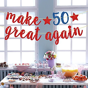Make 50 Great Again Banner, Red Glitter Funny Happy 50th Birthday Banner Decoration Supplies, Cheers to 50 Years Sign