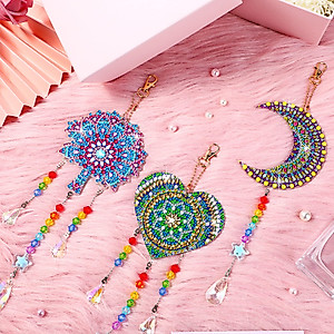 3 Pieces Diamond Painting Suncatcher Wind Chime Cross Sun Star Moon Heart Mandala Double Sided Crystal Gem Paint by Number Diamond Painting Hanging Ornament for Home Garden (Moon, Heart, Mandala)
