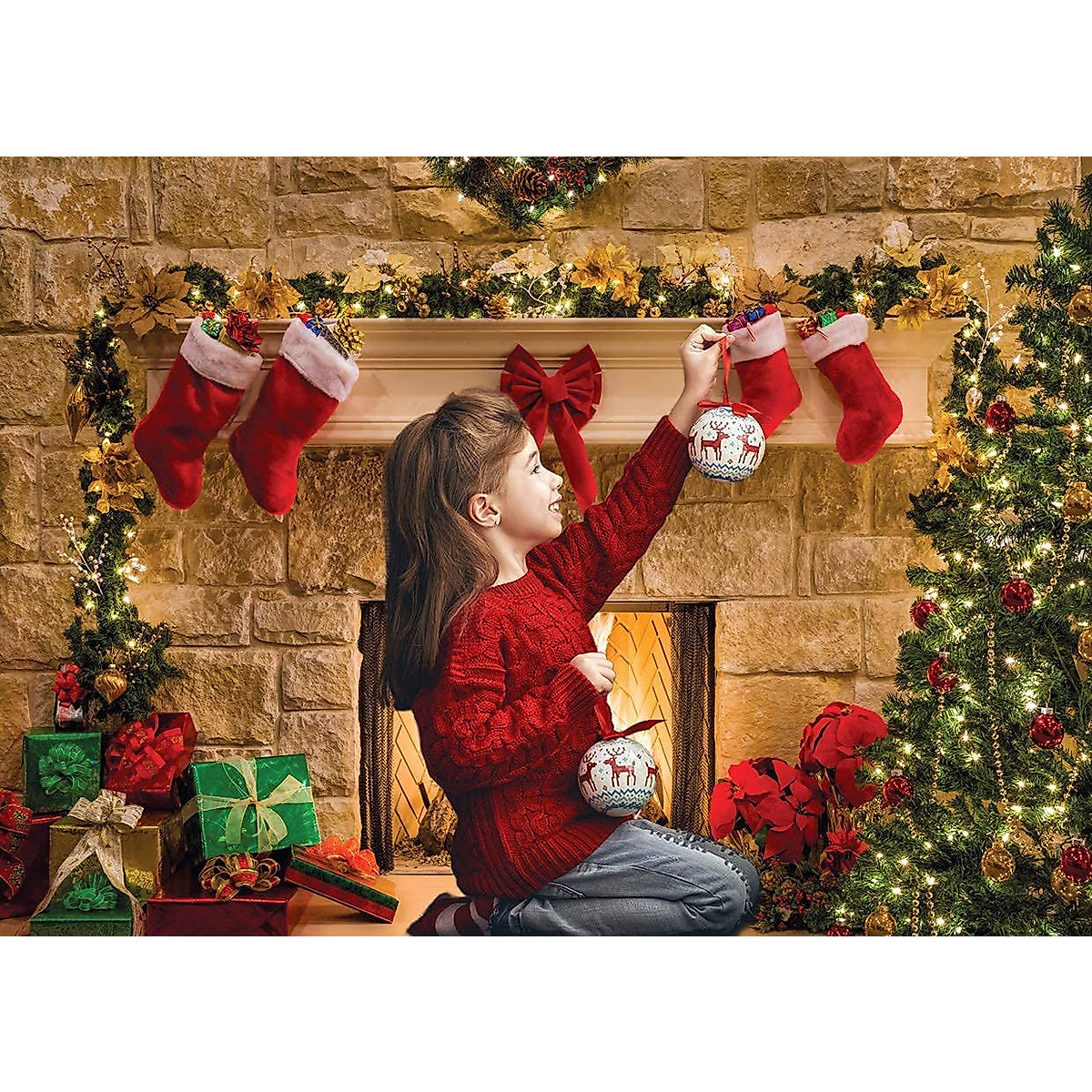 WOLADA 7x5FT Christmas Fireplace Photo Backdrop - Holiday Wall Decor and Background for Photography