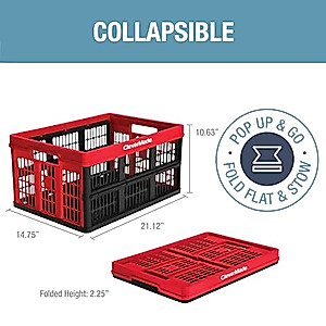 CleverMade Collapsible Utility Crate, Red, 1PK - 45L (11 Gal) Collapsible Storage Bins, Holds 66lbs Per Bin - Plastic Stackable Grated Wall Utility Containers, CleverCrates Baskets