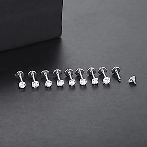 Xpircn 9PCS 16G Stainless Steel 3mm Cubic Zirconia Labret Monroe Lip Ring Tragus Helix Earring Studs