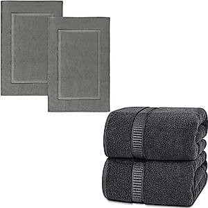 Utopia Towels Bundle Pack of 600 GSM Bath Sheet Set (2-Pack) and Banded Bath Mats (2-Pack) – 100% Ring-Spun Cotton – Highly Absorbent – Soft & Luxurious – Grey