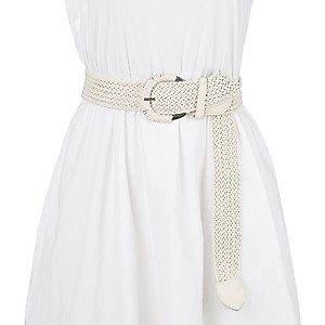 Allegra K Woven Waist Belts Wide Braided Belts for Women Dress Metal Buckle 65-88cm/25.59-34.65" Cream