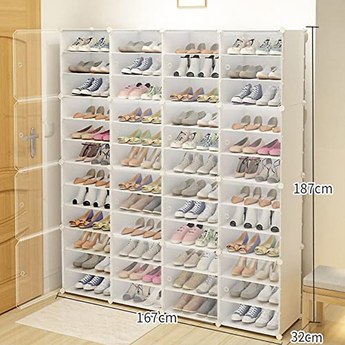 BJTDLLX Shoe Rack Organizer, 4 x 12-Tiers Stackable 96 Pairs DIY Shoe Storage Cabinets Stand, Dust-Proof Shoe Rack Shelf Clear Plastic Shoe Boxes Foldable Shoe Storage Rack for Heels Boots Slippers