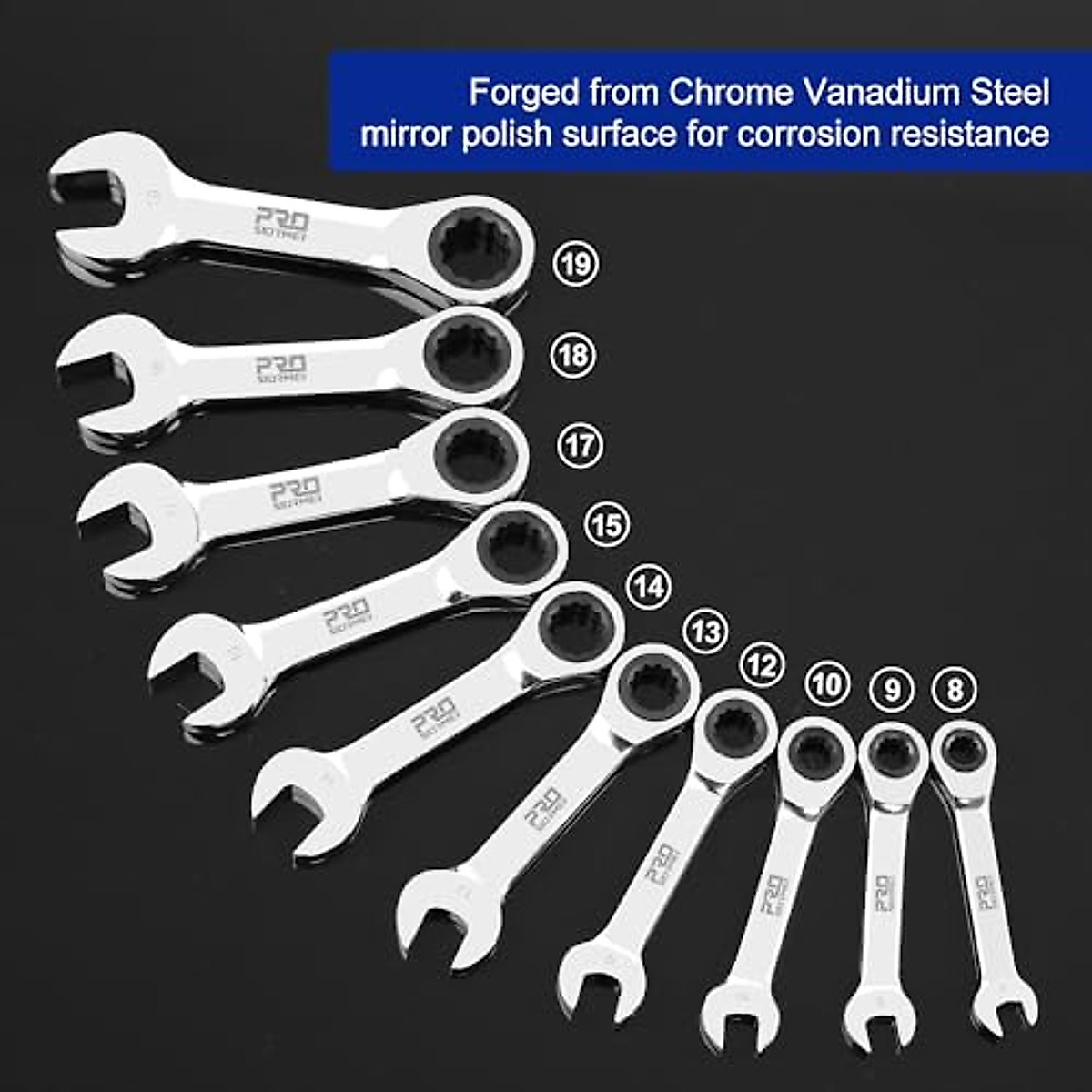 Prostormer Stubby Ratcheting Combination Wrench Set, 10-Piece 8-19mm Metric Chrome Vanadium Steel Ratchet Wrenches with Rolling Pouch, 72-Teeth, 12-Point Box End