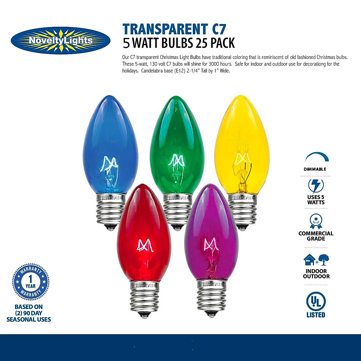 Novelty Lights Incandescent Replacement Bulbs - Outdoor Individual Bulbs For Events, Holiday Parties, Patios, And More - C7/E12 Candelabra Base, 5 Watt Lights (Multicolor, 25 Pack)