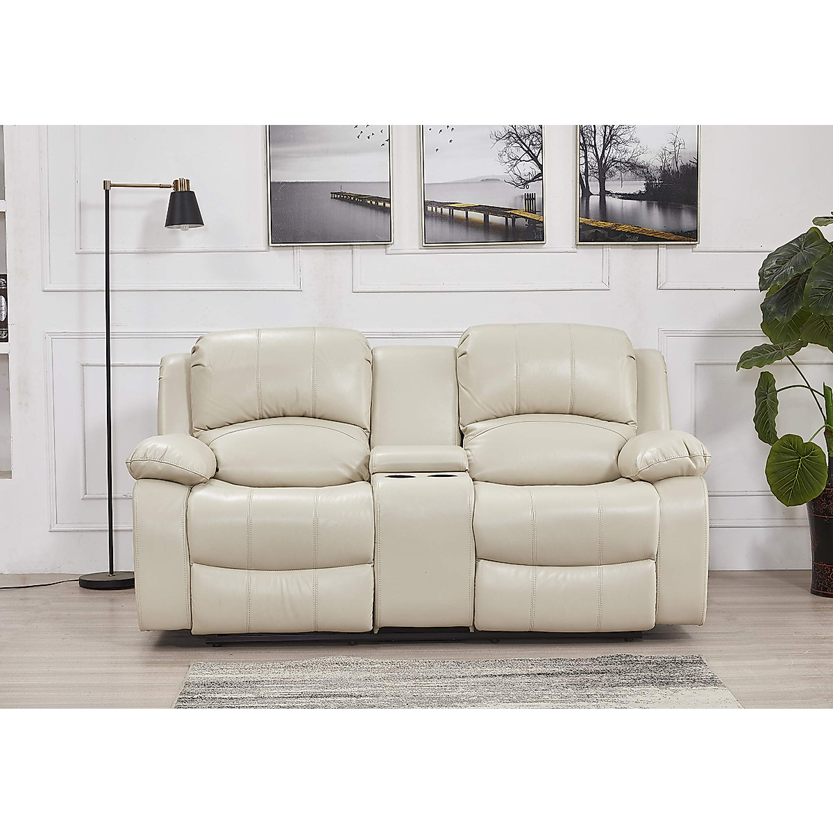 Betsy Furniture 2PC Bonded Leather Recliner Set, Sofa, Loveseat, 8018, Beige
