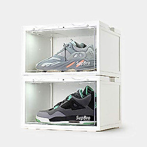 SupBro Led Collection Crate - Voice Control - Easy Access Storage Shoes box, Stackable Shoe Storage with clear plastic door for sneakers - (10.4 x 13.2 x 8.1 inch (2pack), White)