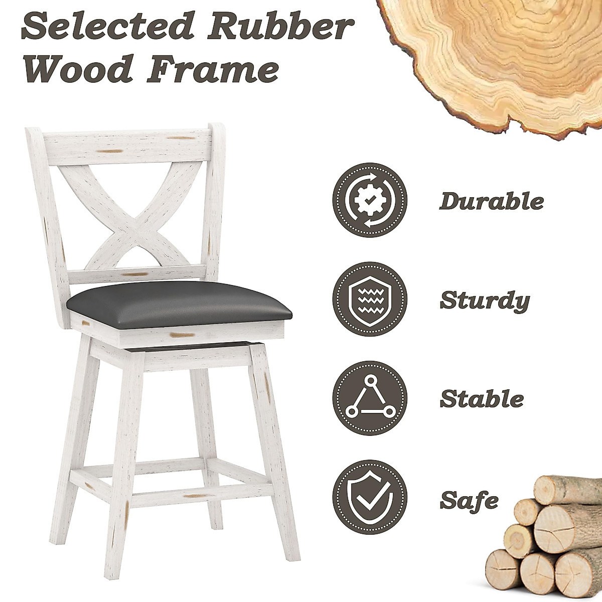 MU Bar Stools Set of 4, 24" Seat Height Counter Height Swivel Barstools with X-Back, Upholstered 360 Degree Swivel Dining Chair with PVC Cushioned Seat, Footrest & Wood Legs, White