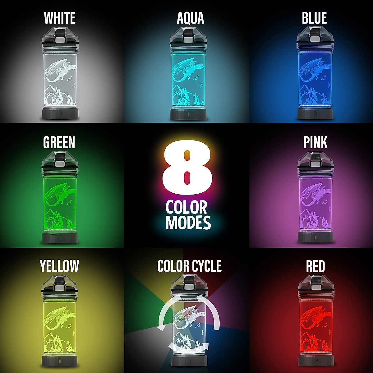 Attivolife Dragon Watter Bottle, 3D Illusion Glowing LED Light with 7 Color Changing Lights - 14 0z BPA Free - Creative Ideal Travel Cup Dinosaur Gift for School Boy Kid Child Holiday Camping Picnic