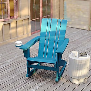 Flash Furniture Halifax Adirondack Rocking Chair with Cup Holder, Weather Resistant Poly Resin Adirondack Rocking Chair, Blue