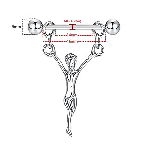 14G Surgical Steel Nipple Rings Dangly Jesus Nipplerings Straight Barbell Body Piercing Jewelry for Women Girls 1 Pair (14G; 16-14mm)
