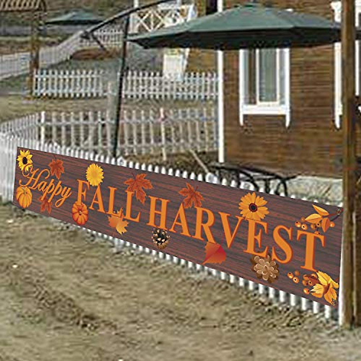 98"x 19" Large Happy Fall Harvest Banner- Long Fall Thanksgiving Outdoor Decoration Banner Background Orange Leaves Pumpkin Autumn Banner for Wall Office Fence Yard Garage Backdrop