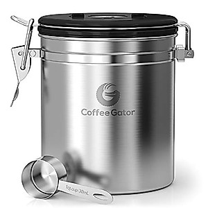 Coffee Gator Coffee Canister, Stainless Steel Airtight Coffee Containers for Ground Coffee with Date-Tracker, CO2-Release Valve, Measuring Scoop & Travel Jar - Medium, 16 oz, Silver