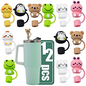 Cocurb Straw Cover Cap for Stanley Cup 12 PCS,Silicone Straw Topper Compatible with Stanley 30 to 40 Oz Tumbler,Soft Silicone Animal Shape Straw Lid for 10 mm Straws - Mother's Day Present