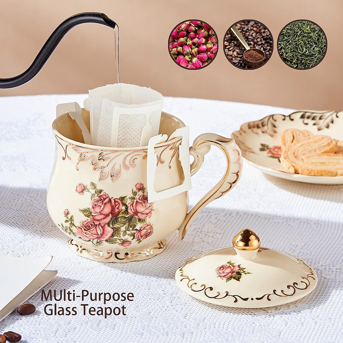 YOLIFE Tea Cup with Lid, 12 oz Tea Cup with lid and Spoon, Ceramic Flower Tea Cups Birthday Gift for Mom Women (Pink Rose)