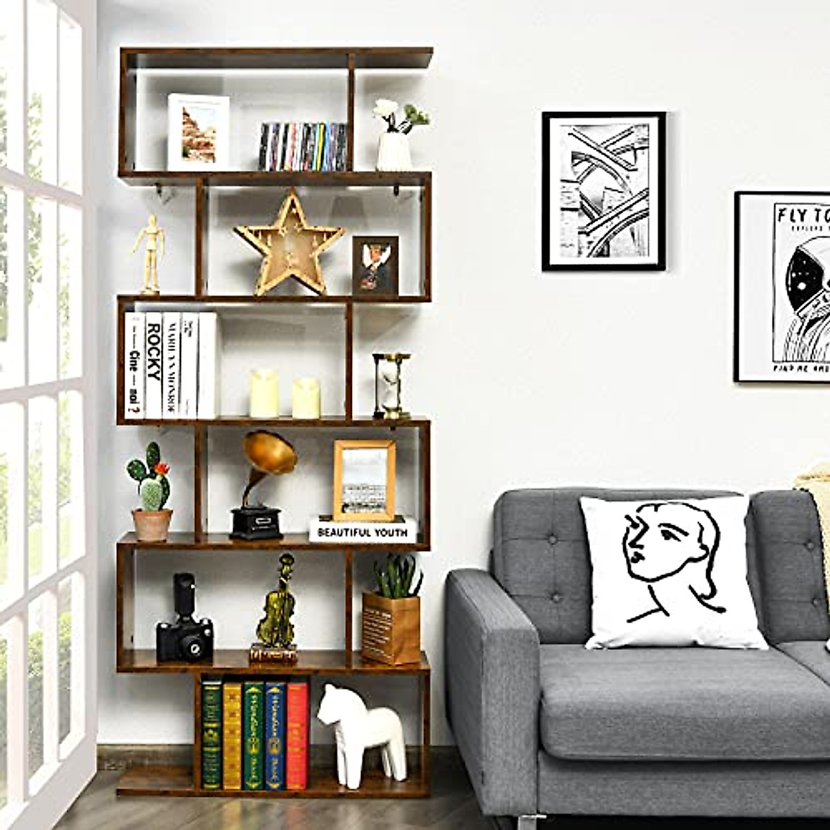 Augester 6-Tier Bookshelf, Wood S-Shaped Bookcase with Anti-toppling Device, Freestanding Display Shelf for Living Room, Bedroom, Office (Coffee)