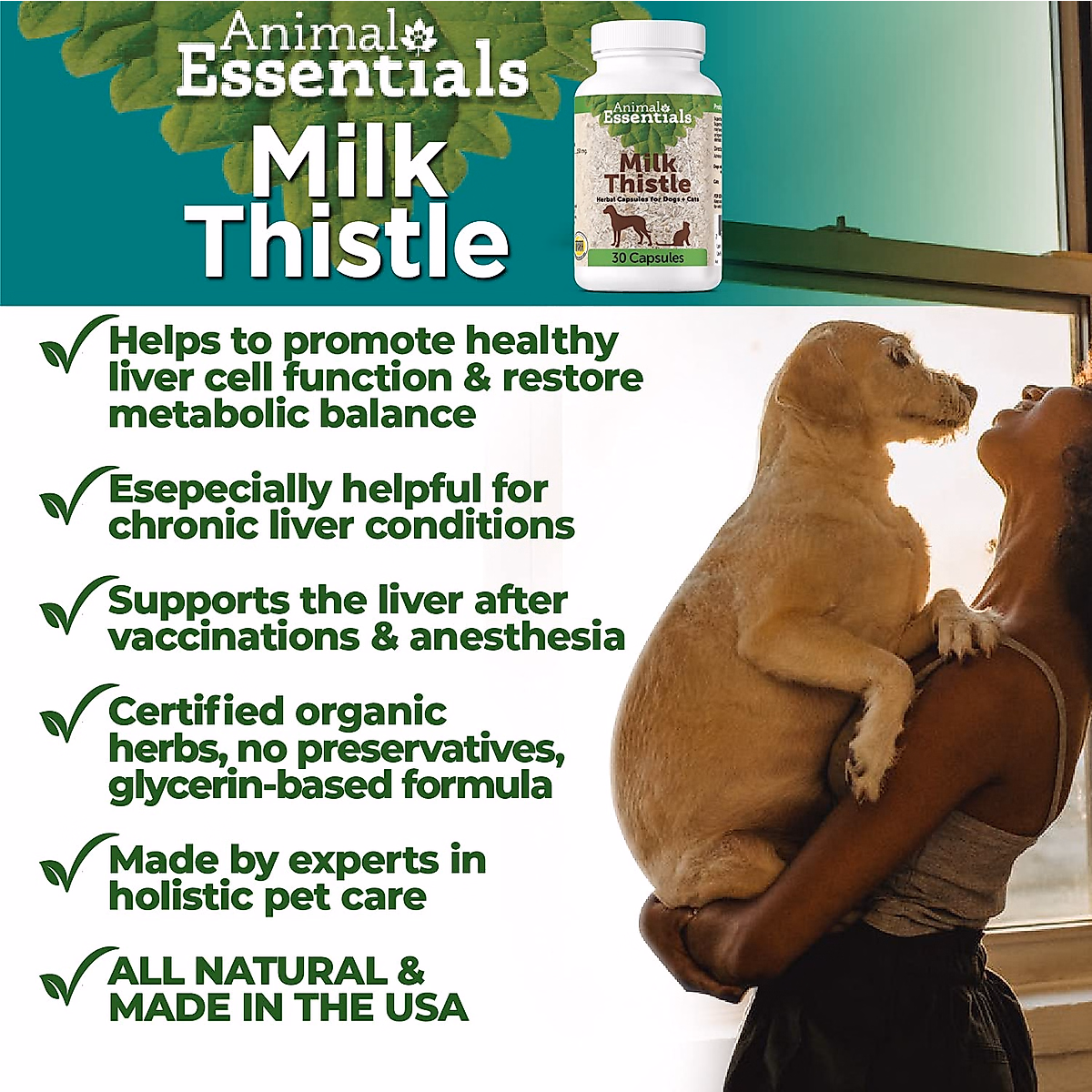 Animal Essentials Milk Thistle Liver Support for Dogs and Cats, 30 Capsules - Made in USA Liver Supplement