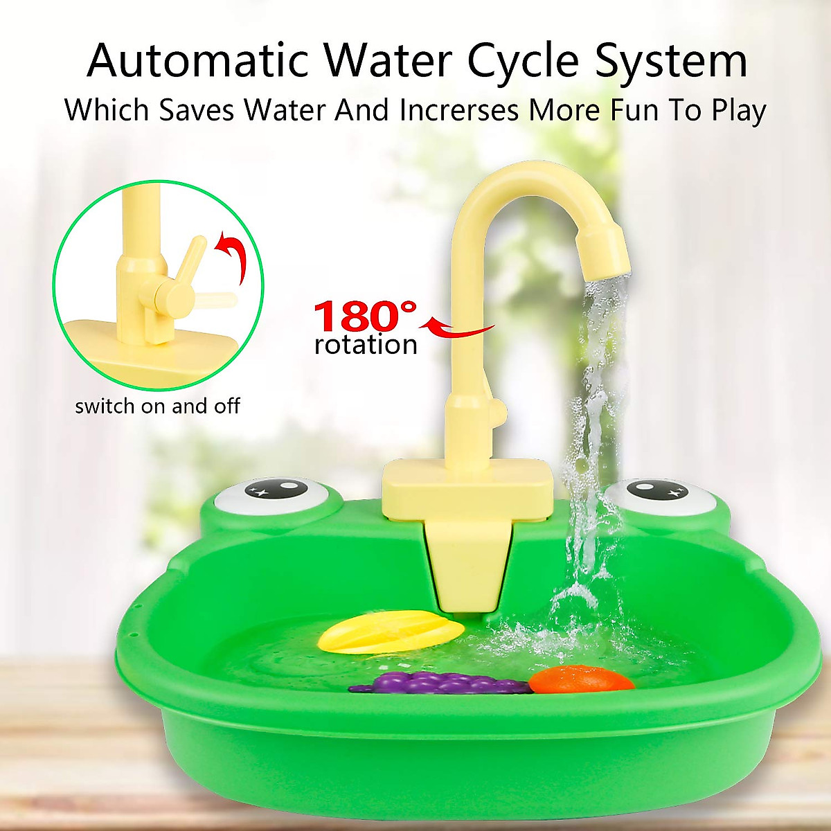 Ruibytree Play Kitchen Sink Toy, Water Toys for Kids with Electronic Dishwasher, Pretend Play Utensils Accessories and Play Cutting Food for Boys and Girls (Cute Frog)